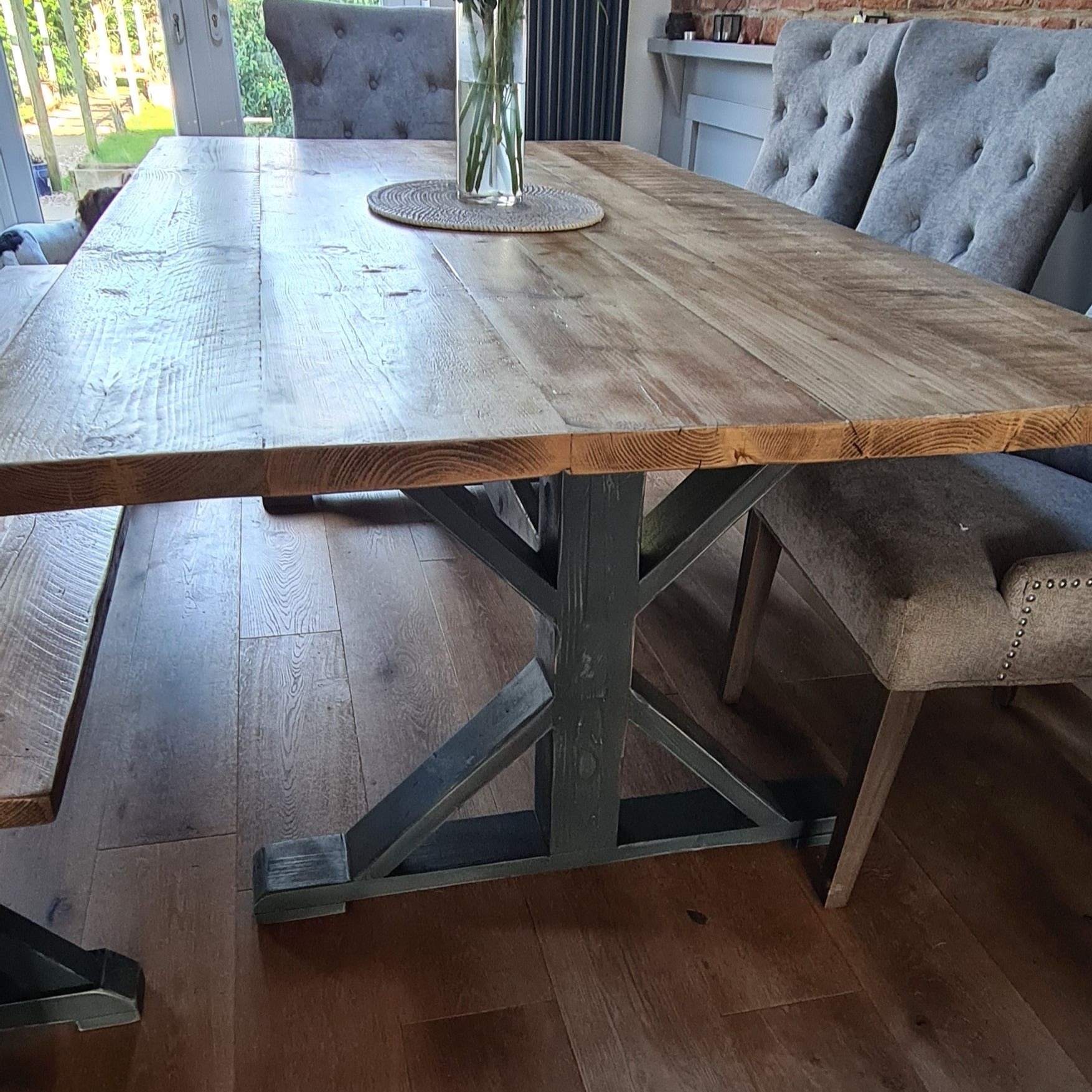 Distressed Trestle Tables with beautiful old tops with benches & chairs ...