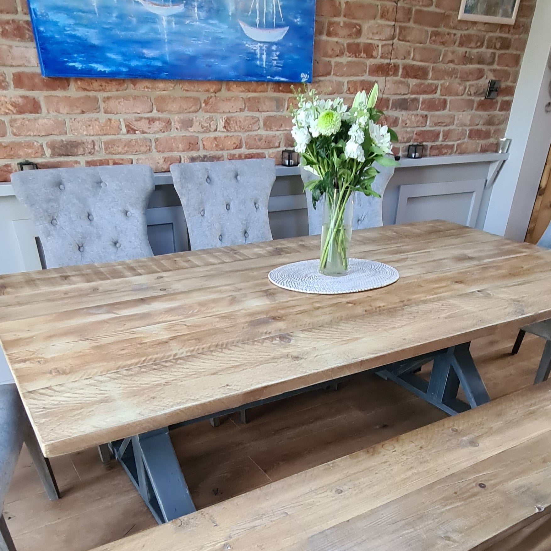 Distressed Trestle Tables with beautiful old tops with benches & chairs ...